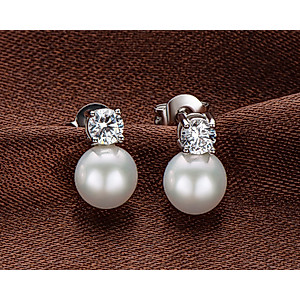 DENGGUANG Pearl Stud Earrings June Birthstone Freshwater Cultured 6.5mm Small White Pearl Drop Silver Earrings with Cubic Zirconia Jewelry Gifts for Women