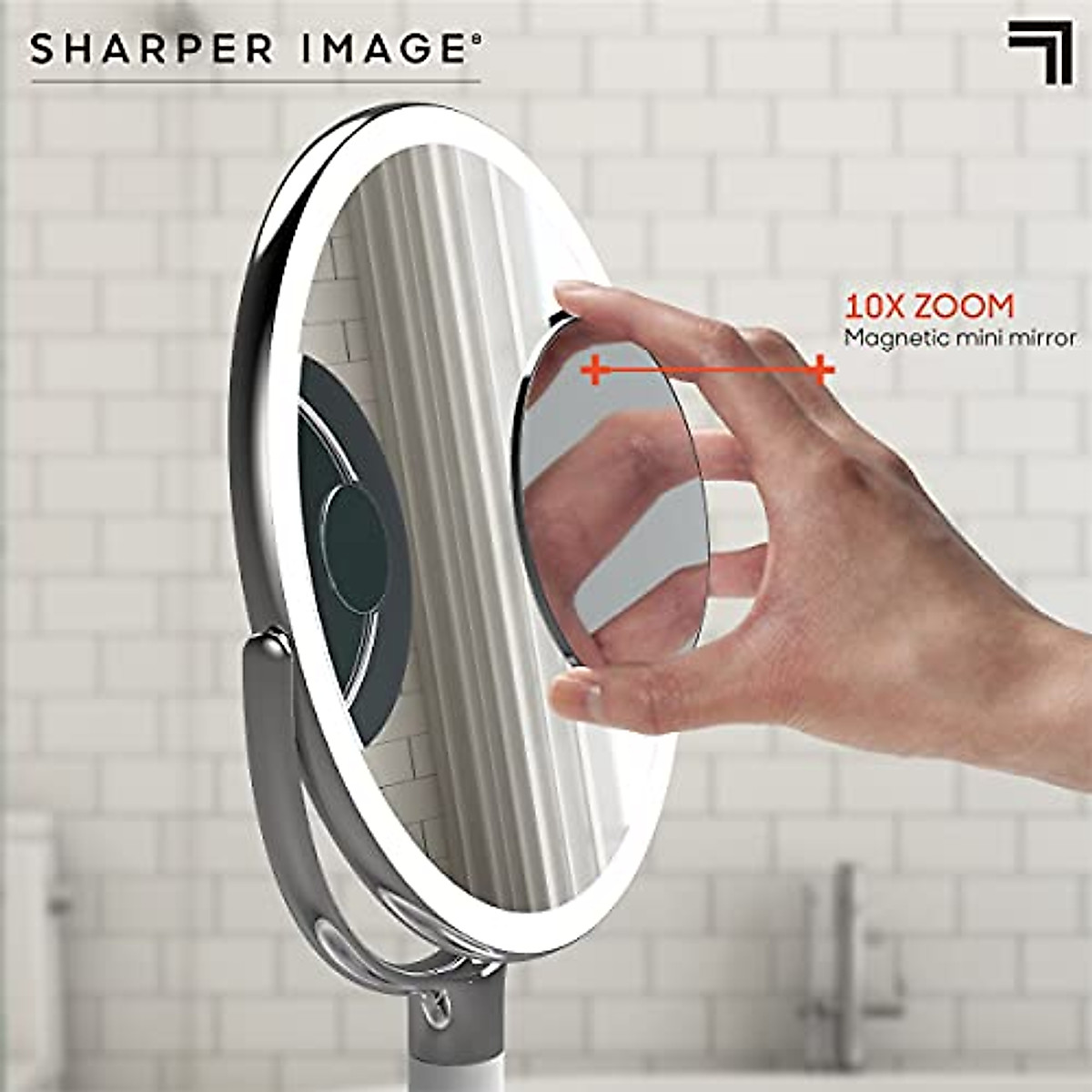 Sharper Image Spastudio Vanity Plus 10-Inch LED Mirror with Storage Trays, Touch-Activated Brightness Controls, Dimmable Halo Light Ring, 5X and 10X Magnification