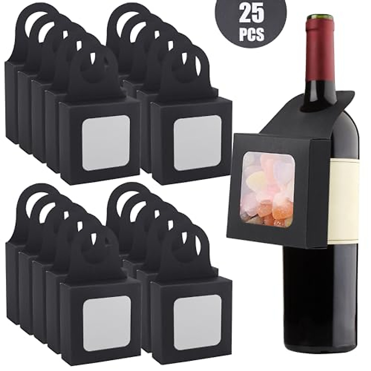 DIYDEC 25pcs Kraft Paper Wine Bottle Box with Window Foldable Black Wine Candy Boxes for Christmas New Year Wedding Parties Favor Wine Accessory Sets