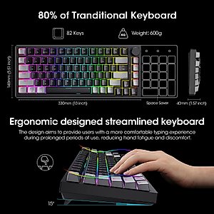 KOORUI 75% Wireless RGB Gaming Keyboard,3 Mode BT/2.4Ghz/USB-C Hot Swappable Mechanical Keyboard,Compact 82 Keys with 4000mAh Battery & Dedicated Knob Control,Tactile Brown Switch