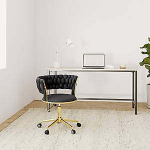 NIOIIKIT Velvet Office Desk Chair with Hand Woven Backrest, 360° Swivel & Height Adjustable Task Chairs, Makeup Chair, Living Room Chairs with Stainless Base and 5 Wheels (Black)