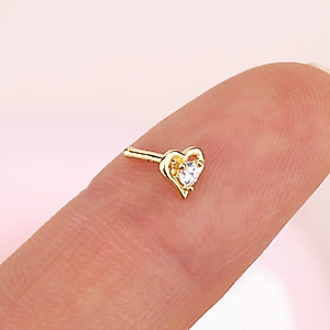 MeIighting 14K Solid Gold Nose Stud 20G Heart Nose Rings Clear Round CZ Nose Piercing Jewelry for Women Men Real Gold