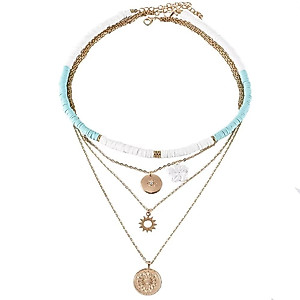 Blue Drop Summer White Heishi Surfer Choker Layered Necklace for Women Flower Gold Helios Coin Pendant Pretty Stylish Floral Jewelry Gifts