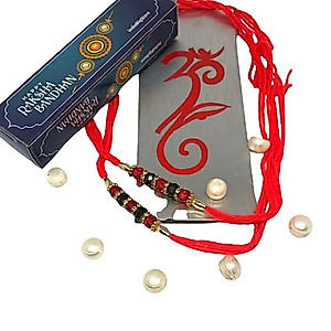 IndiaBigShop Rakhi for Bhaiya, 2 Ring Stone Brother Rakhee, Rakhi, Red-Green Crystal with Stone Rings Rakhi Thread- Set of 2