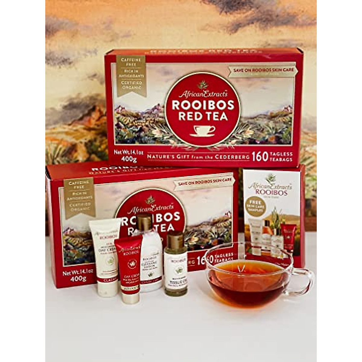 African Extracts Rooibos Tea - with Bonus SKINCARE Pack -160 Teabags USDA Organic South African 100% Pure Caffeine Free Fairtrade