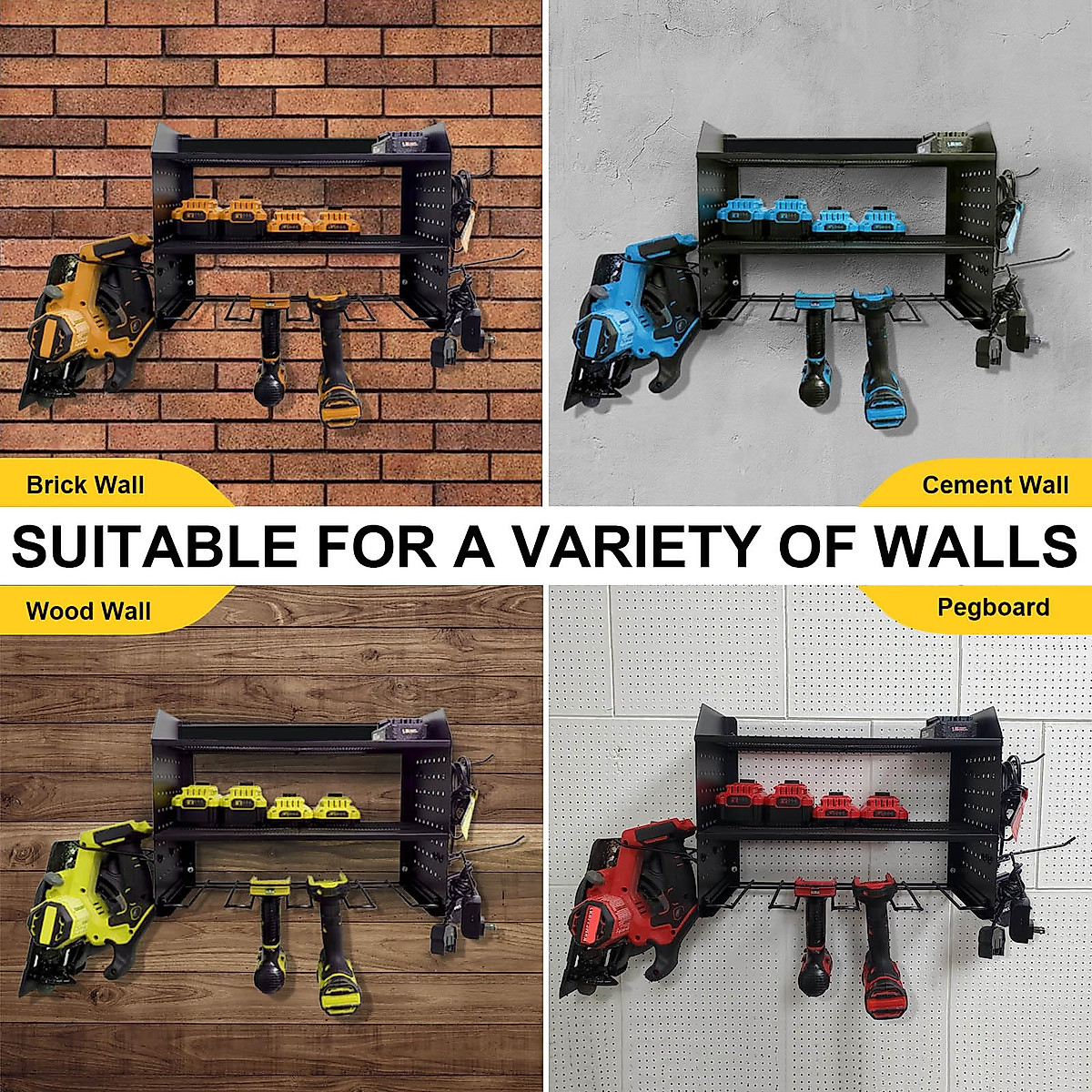 Havenfly Power Tool Organizer Wall Mount with Power Strip, 6 Drill Holder, Heavy Duty Metal Drill Storage Shelf with 8 Hooks, 3 Layer Storage Shelf with 2 Side Pegboards, Ideal Gifts for Men