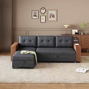 YOPTO 84" L-Shape Upholstered Sleeper Sectional Sofa with Storage Chaise & Pull Out Bed,Convertible Corner Couch Bed W/Cabinet Armrests & Removable Back Cushions for Living Room,Office,Dark Grey