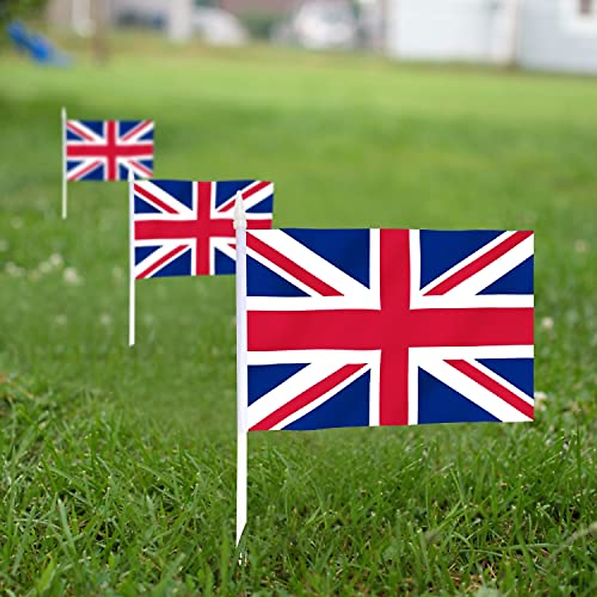 Anley British Union Jack UK Mini Flag 12 Pack - Hand Held Small Miniature Great Britain Flags on Stick - Fade Resistant & Vivid Colors - 5x8 Inch with Solid Pole & Spear Top