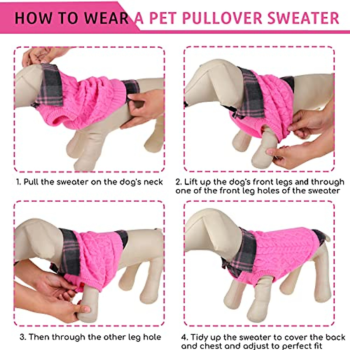 JUDYBRIDAL Warm Dog Sweater with Leash Hole Plaid Patchwork Turtleneck Pet Knitted Sweaters Soft Cozy Dog Vest Clothes for Cold Weather for Small Medium Large Dogs (XL | Pink)