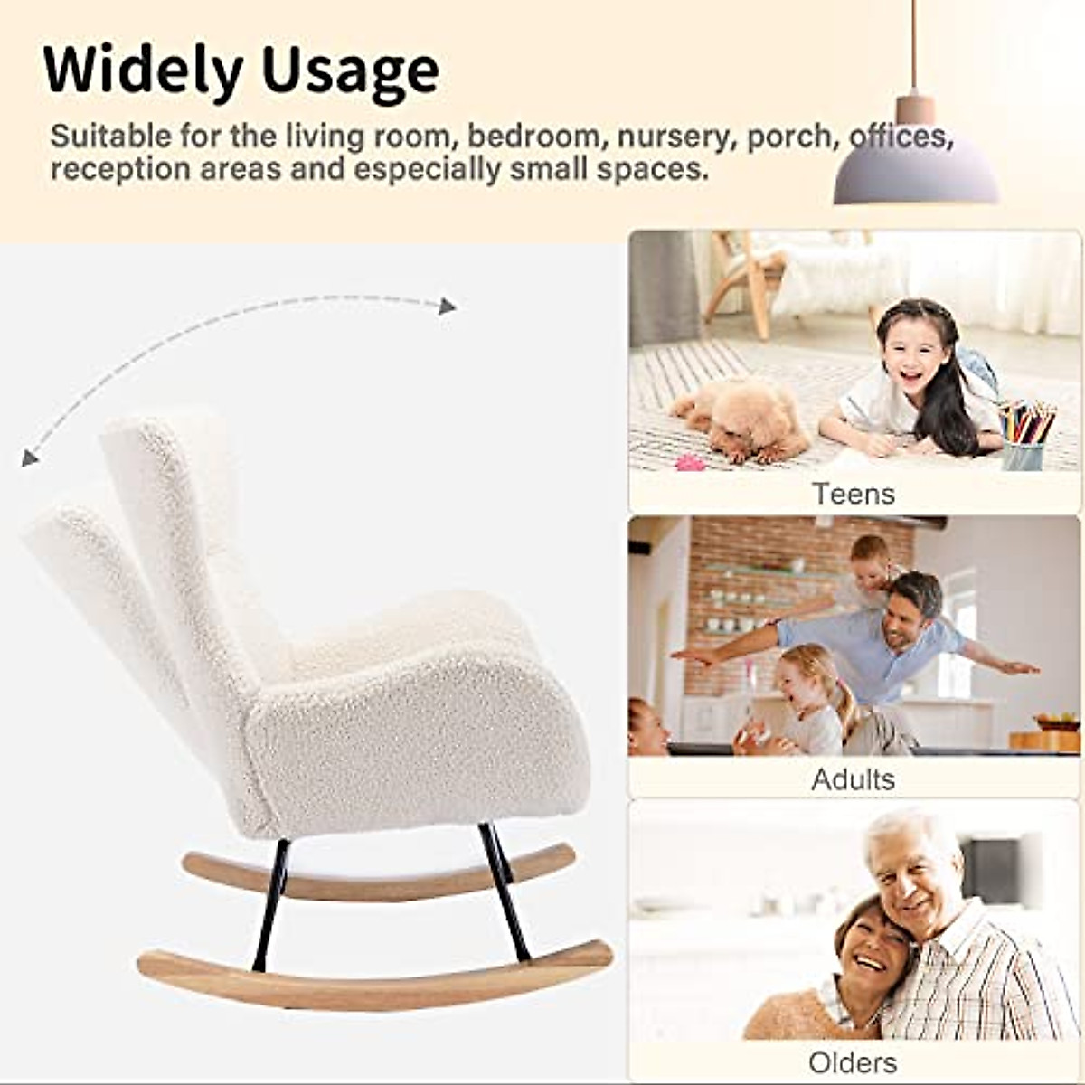 LETESA Nursery Rocking Chair Upholstered with High Backrest and Armrest Accent Chair Cozy Fabric Padded Seat Armchair Single Sofa Accent Glider Rocker for Living Room Bedroom Offices (White)