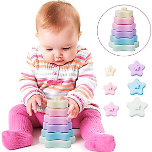 Promise Babe Stacking Toys, Silicone Stacking Rings Teething Toy with Star Shape, Soft Building Blocks, Montessori Early Educational Toy for 6 Month+ Boys & Girls 6Pcs