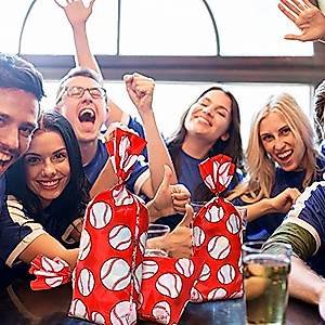 100 Pieces Baseball Treat Candy Bags Baseball Cellophane Bags Baseball Goody Plastic Bags with 200 Pieces Twist Ties for Baseball Birthday Party Supplies Decorations (Red)