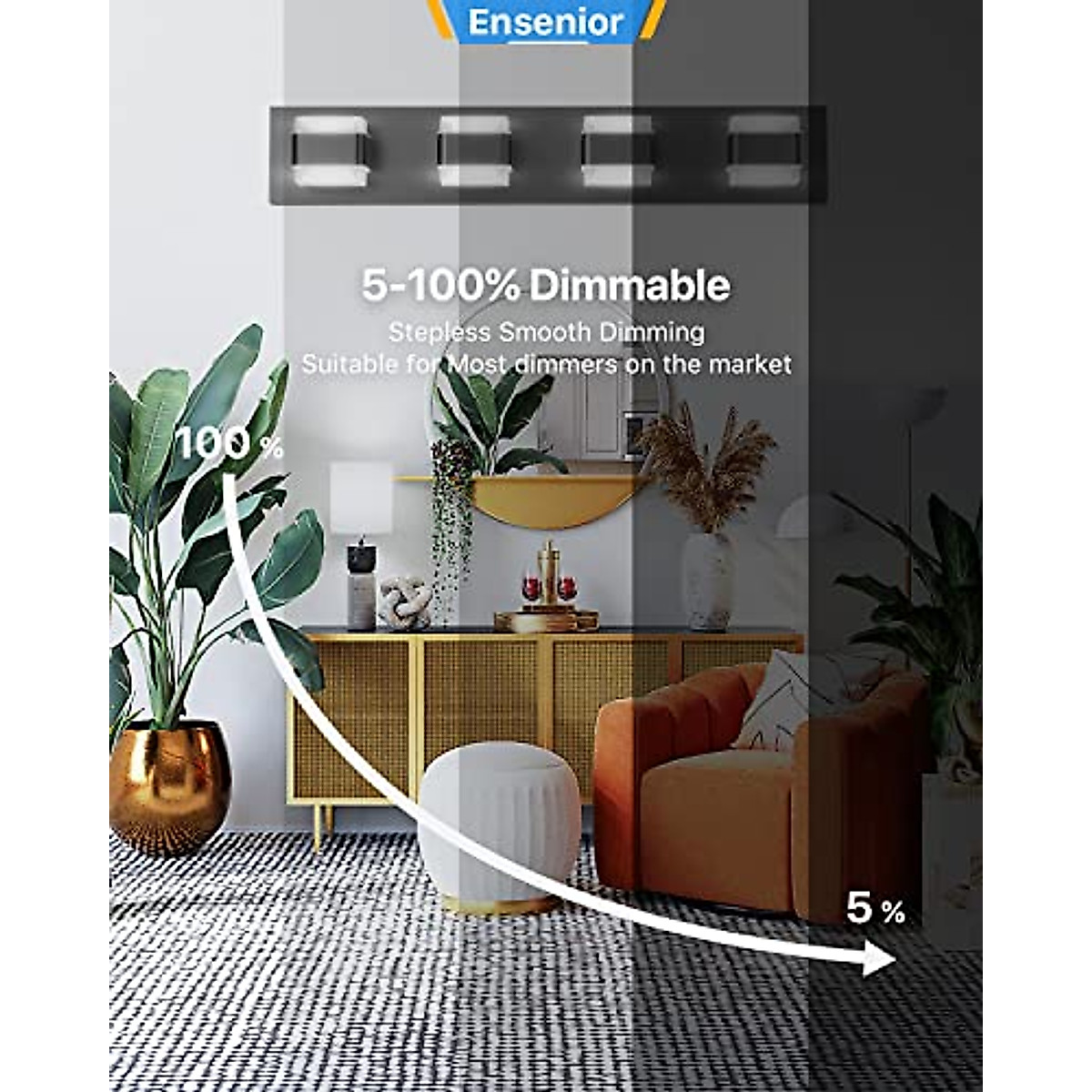 Ensenior Bathroom Light Fixtures, Dimmable LED Vanity Lights Over Mirror, CRI 90, 5000K Daylight, Acrylic Stainless Steel, 4 Lights for Modern Vanity Lighting Fixture, 29W 2230LM - Black