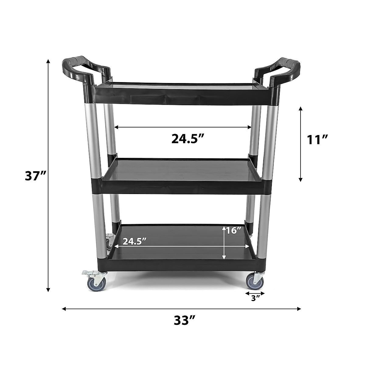 Commercial 3-Shelf Rolling Service Utility Cart | Capacity 450 lbs. | 37" x 33" x 16" | Black