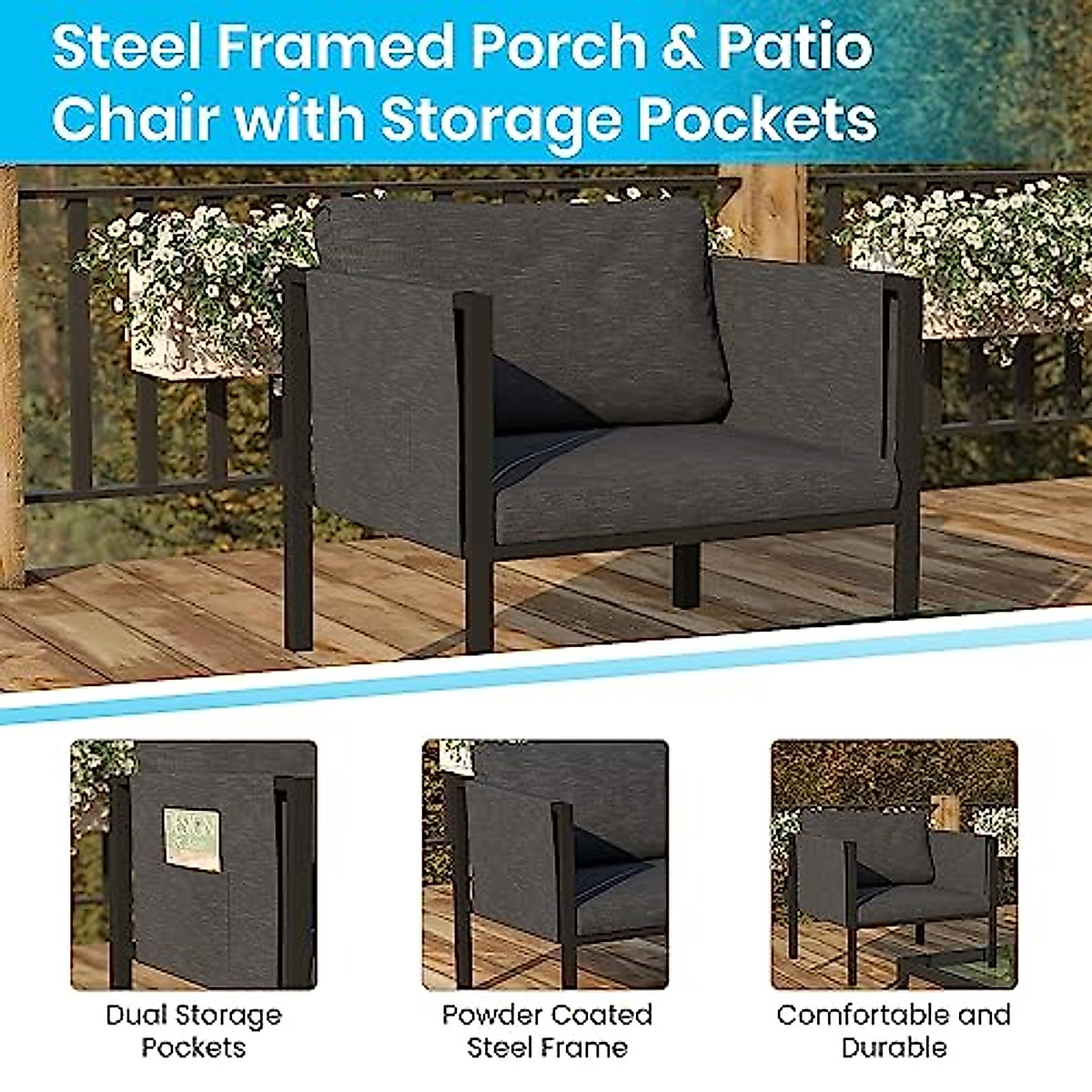 Flash Furniture Lea Indoor/Outdoor Patio Chair with Cushions - Modern Steel Framed Chair with Storage Pockets, Black with Charcoal Cushions