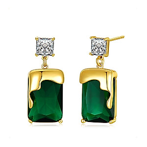 PHNIBIRD Emerald Earrings with Gold Melting Shape Elegant Solitaire Cubic Zirconia Earrings Green Earrings for Women Dangle