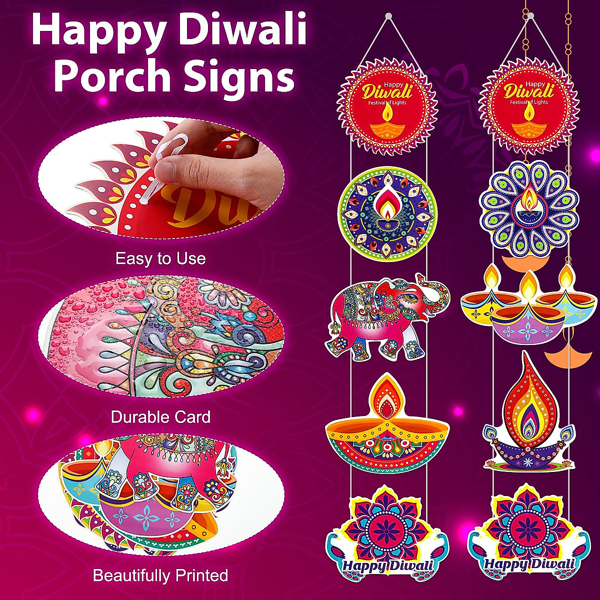 Hotop 2 Pcs Happy Diwali Porch Signs 78 x 11.4 Inch Deepavali Themed Hanging Banners Diwali Decorations for Home Festival of Lights Party Front Door Hanging Decorations for Diwali Indian Party Supply