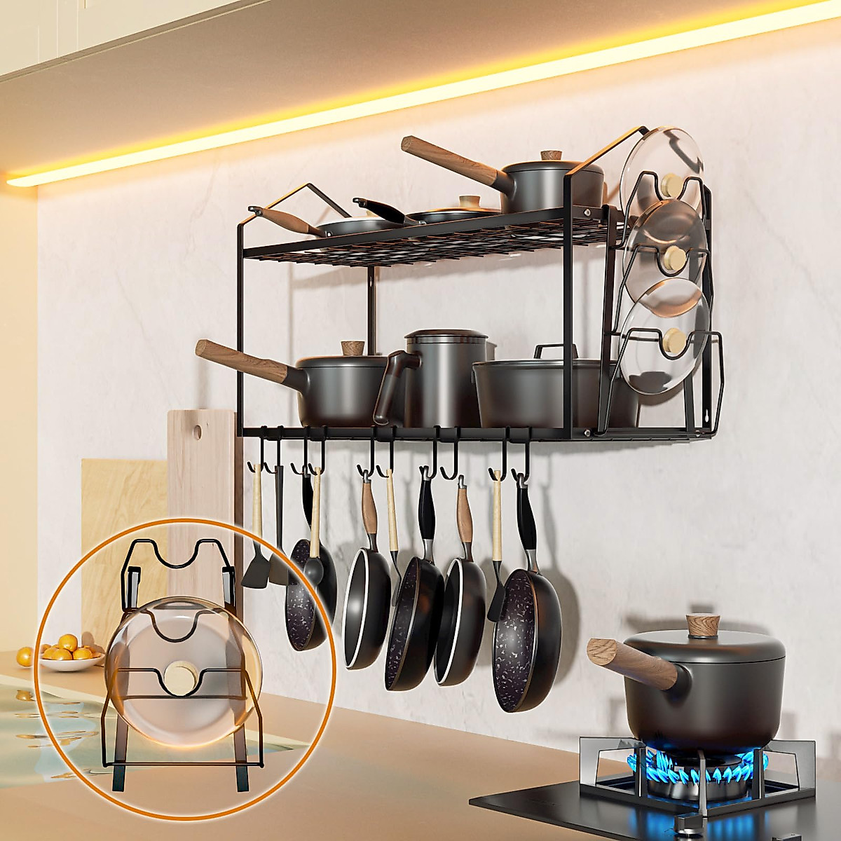 LADER 30Inch Wall Mounted Pot Rack, 2 Tiers Pots and Pans Organizer for Kitchen Organization & Storage, Large Size Black Hanging Pot rack, Wall Shelf with 5 connect Hooks