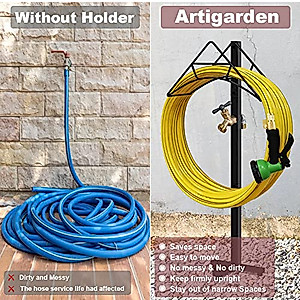 Artigarden Outdoor Hose Holder Stand with Brass Spigot Faucet - Freestanding Metal Water Pipe Extension Hanger Stake Heavy Duty Storage Organizer for Garden Lawn & Backyard