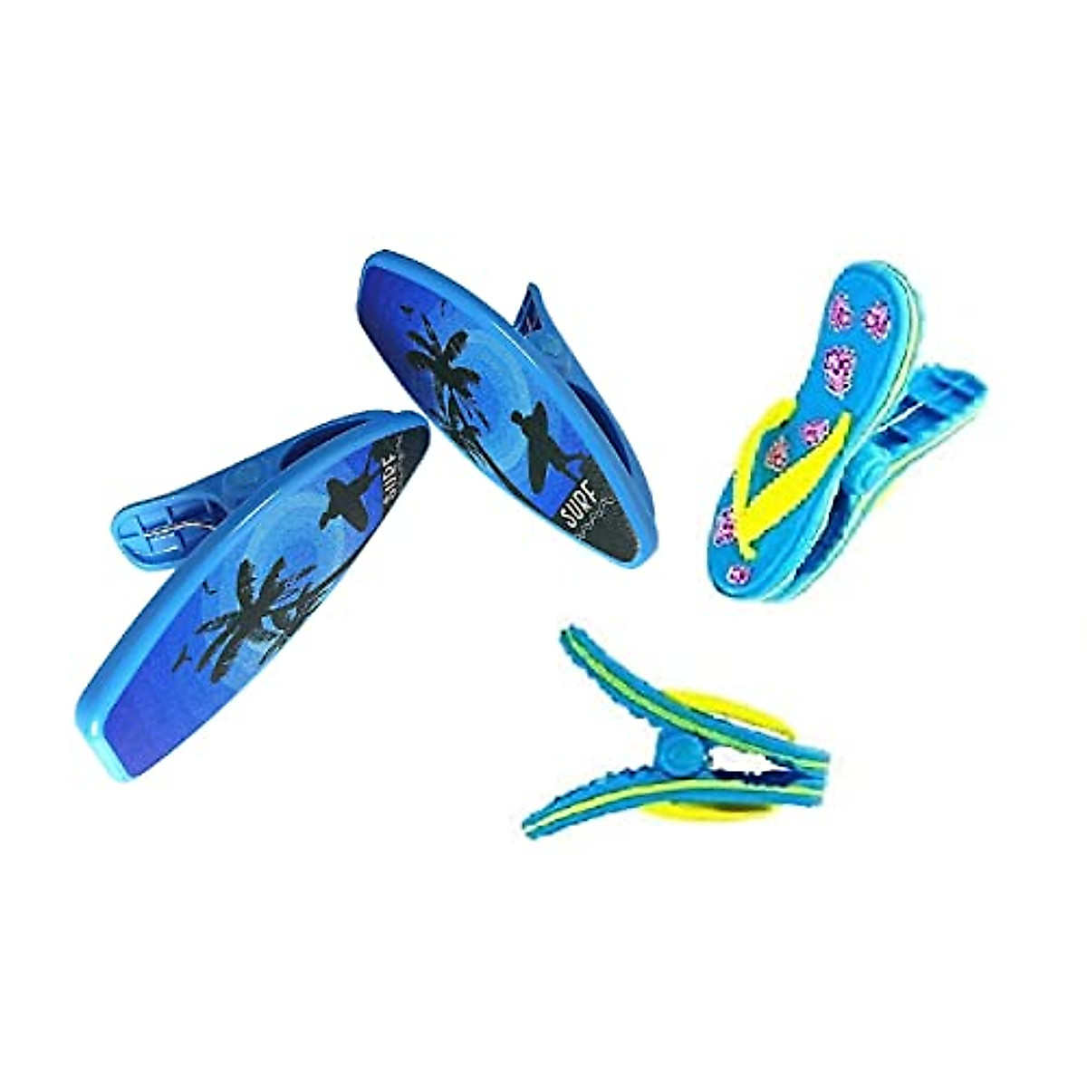 2 Set (4 Ct) Blue Flipflops / Blue Surfboard Beach Towel Clips Jumbo Size for Beach Chair, Cruise Beach Patio, Pool Accessories for Chairs, Household Clip, Baby Stroller