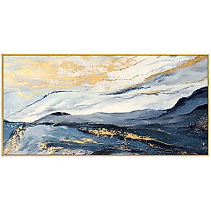 Blue and Gold Abstract Canvas Art Wall for Living Room-Framed Blue Mountain Oil Painting for Bedroom -Modern Landscape Wall Decor for Office,Kitchen Ready to Hang 20x40 inches
