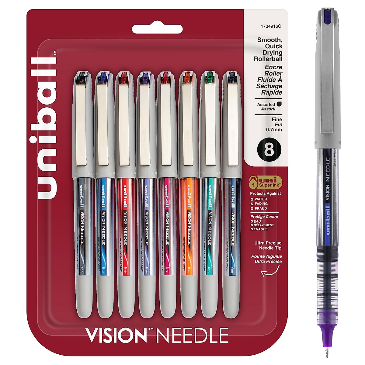 uniball Vision Needle Rollerball Pens with 0.7mm Fine Point, Assorted, 8 Count