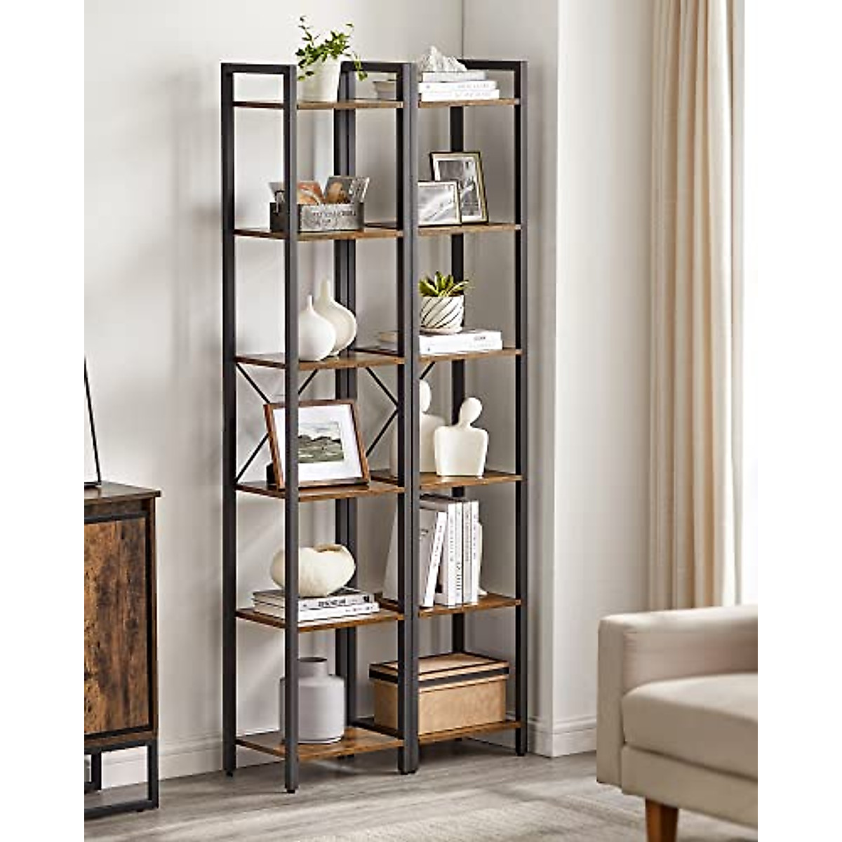 VASAGLE 6-Tier Tall Bookshelf, Narrow Bookcase with Steel Frame, Skinny Book Shelf for Living Room, Home Office, Study, 11.8 x 15.7 x 73.8 Inches, Industrial Style, Rustic Brown and Black ULLS101B01