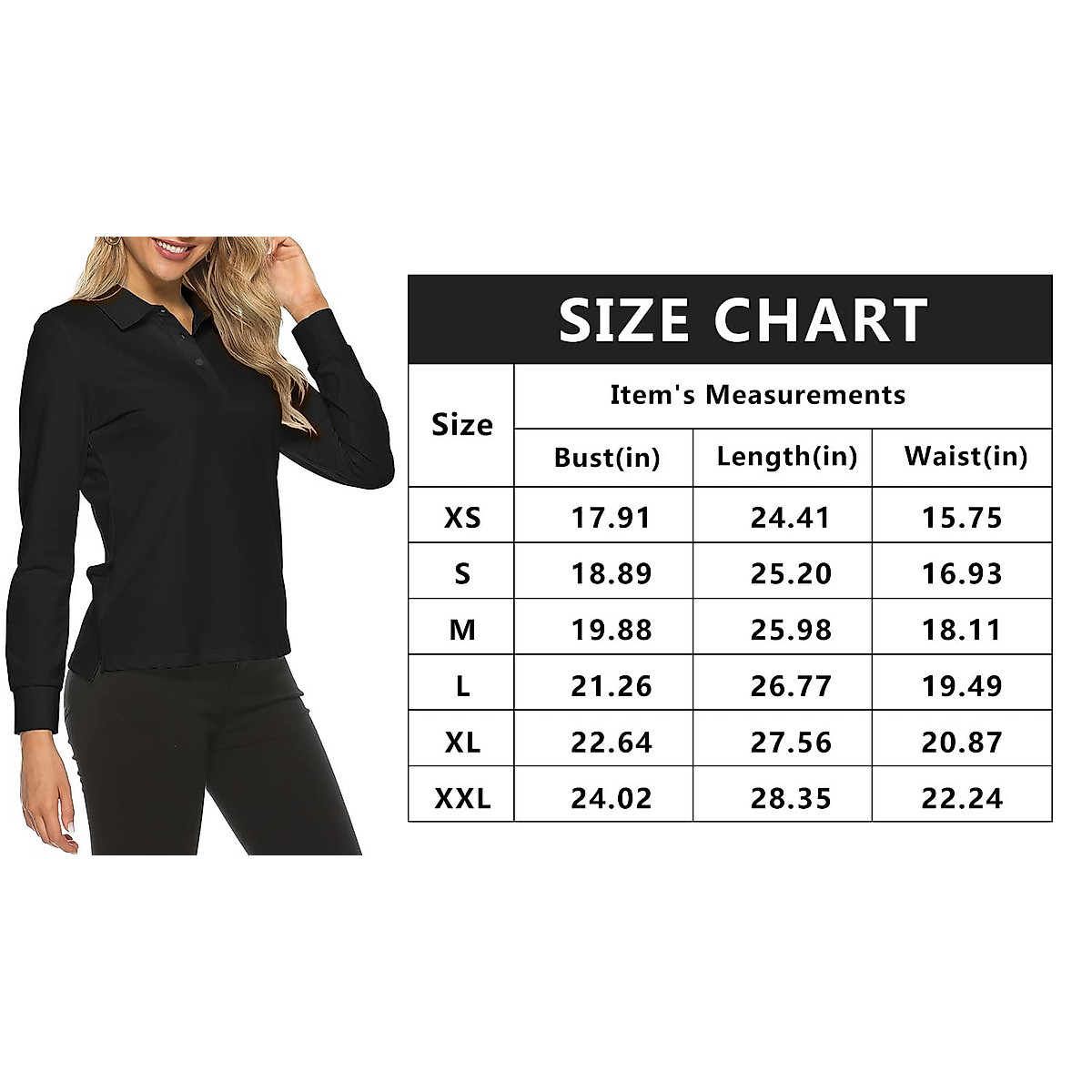 AjezMax Womens Golf Tennis Polo Shirts Long Sleeve Sun Protection Quick Dry Lightweight Casual Button Sports Athletic Tops Black Large