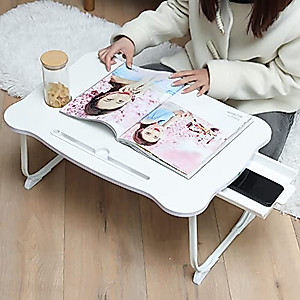 Foldable Laptop Bed Table Lap Desk Stand, Serving Tray Dining Table with Slot, with Foldable Legs & Cup Slot，Notebook Stand Holder, Working, Watching Movie on Bed/Couch/Sofa/Floor (White)