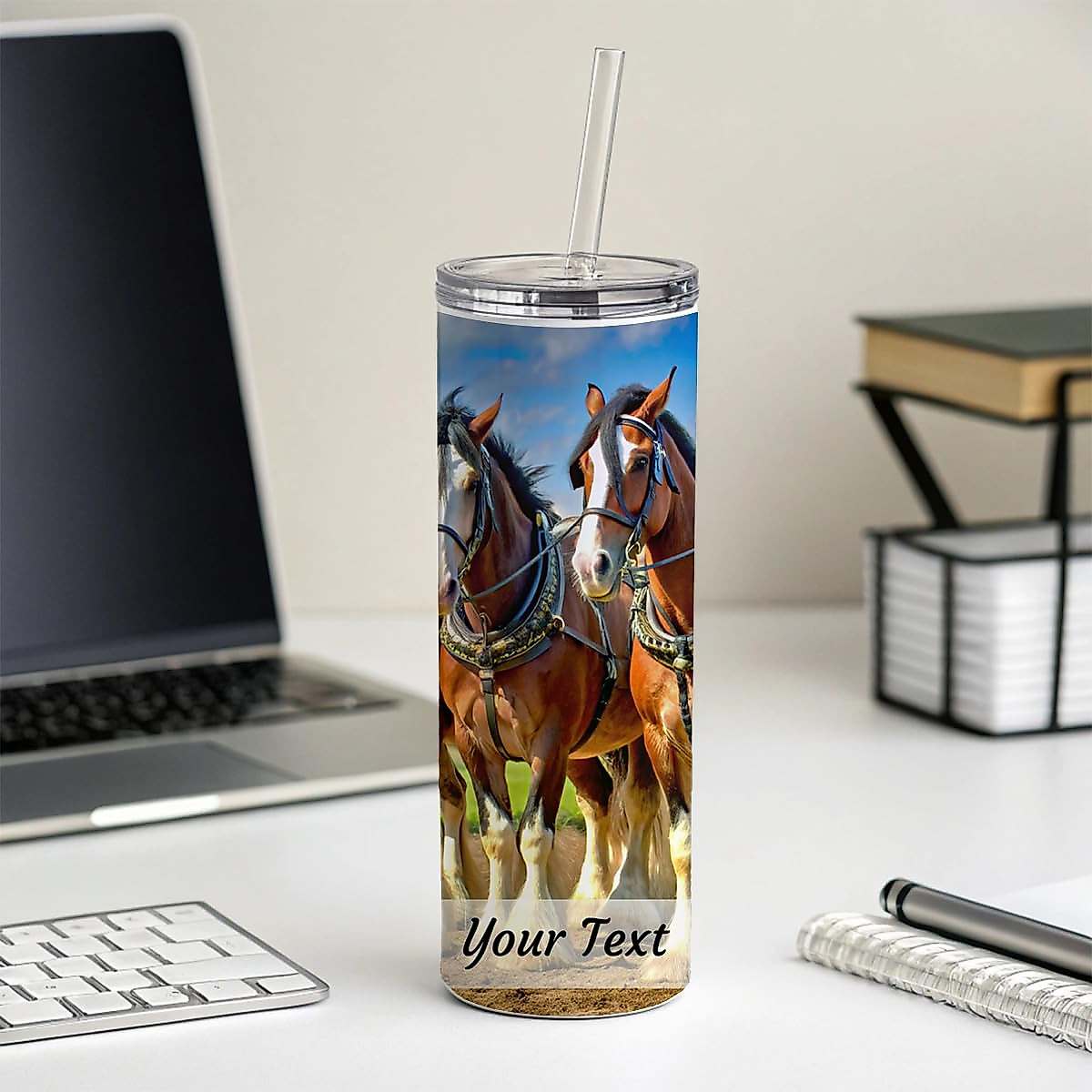 Personalized Custom Name Text Clydesdale Horses Skinny Tumbler 20oz with Straw Insulated Water Bottle Gift - 1 Line Horizontal