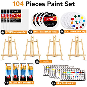 Acrylic Paint Canvas Set,104 Piece Professional Painting Supplies Kit with 4 Wood Easel,4 * 12Colors,4 * 10 Brushes,Circular Canvas Etc,Premium Paint Kit for Kids,Students, Artists and Beginner