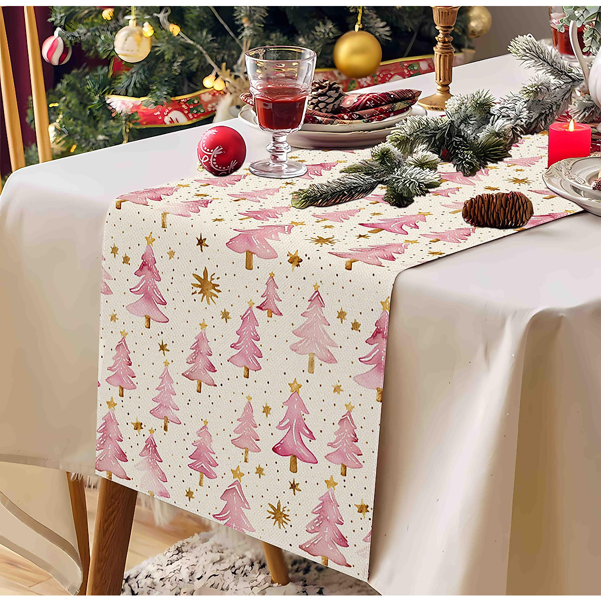 Christmas Table Runner 13x72 Inch, Pink Merry Christmas Trees Table Decors for Seasonal Winter Xmas Holiday Farmhouse Home Kitchen Dining Party