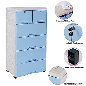 Plastic Drawers Dresser,Storage Cabinet with 6 Drawers,Stackable Vertical Clothes Storage Tower Small Closet Organizer Shelf Lockable Storage Cabinet Drawers Organizer for Clothing,Bedroom,etc(Blue)