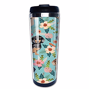 Dachshund Dog with Flower Print Travel Mug, Tumbler With Lids Coffee Cup, Vacuum Insulated Stainless Steel Water Bottle 15 oz