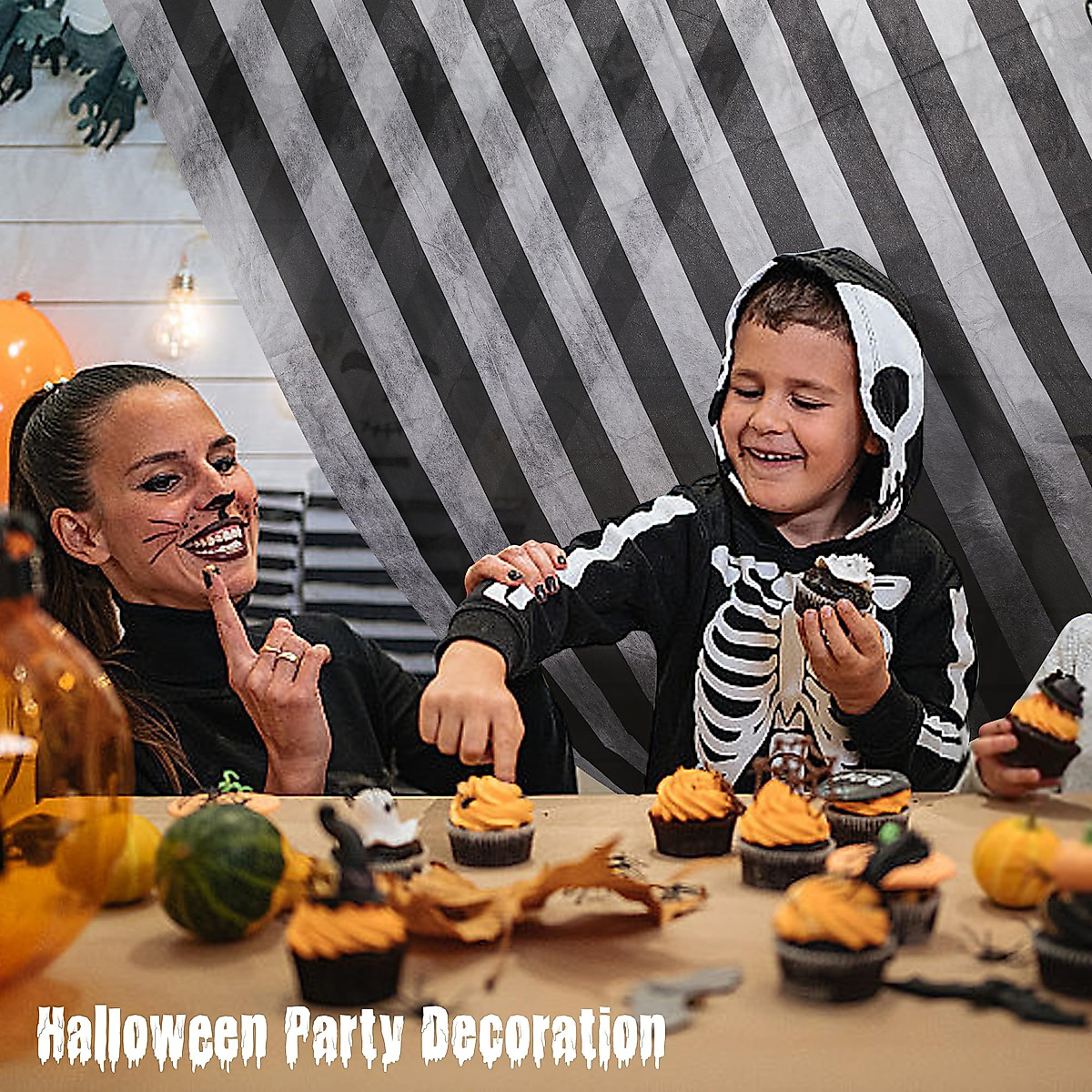 RunNico 66x3.3 ft Black and White Striped Gossamer Roll, Halloween Sheer Gossamer Striped Table Decoratoin, Halloween Decorated Black and White Fabric for Halloween,Walls,Table Skirt,Wedding and Party