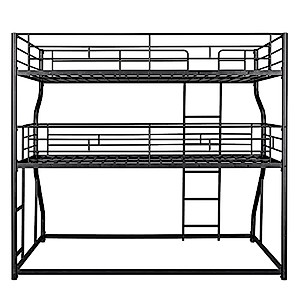 POCIYIHOME Full Over Twin Over Queen Size Triple Bunk Bed with 2 Ladders, Metal Low Bed Frame with Full-Length Guardrail for Kids Teens Girls Boys Bedroom, Space-Saving, No Box Spring Needed, Black