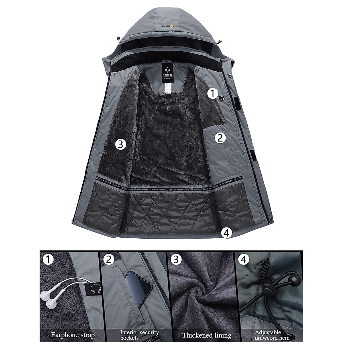 GEMYSE Women's Mountain Waterproof Ski Snow Jacket Warm Winter Windproof Raincoat with Detachable Hood(Mid Grey-6,Medium)