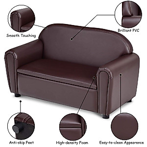 Costzon Kids Couch, 2 in 1 Double Seat Children's Sofa w/Under Seat Storage, PU Leather Surface, Toddler Armrest Chair, Kids Room, Soft Kids Sofa with Storage for Preschool Baby Boys Girls Gifts