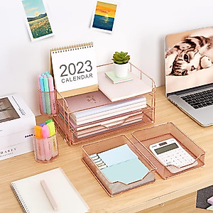 Youbetia Desktop Organizer, 3 Drawer Jewelry Organizer with Pen Holders, Rose Gold, for Office Supplies and Skincare