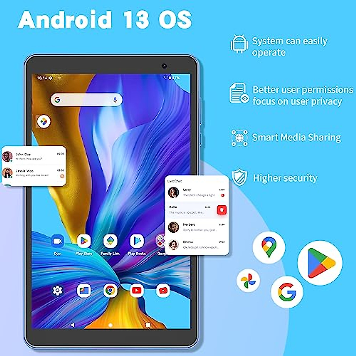 NEWISION 8 Inch Tablet,Android 13 Tablet 8GB(4+4Expand) RAM 64GB ROM,1TB Expand Computer Tablet PC 1280x800 HD IPS Screen 5000mAh Battery,Dual Camera, WiFi,Type C,Tableta (Blue)