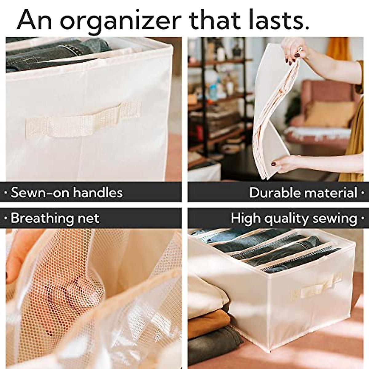 NEATR Clothes Organizer for Folded Clothes, 2 Pieces, Upgraded Wardrobe Clothing, Foldable Pants Closet, Clothing & Storage Jeans, t-shirt, Beige