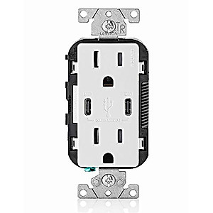 Leviton T5635-W USB Dual Type-C with Power Delivery (PD) In-Wall Charger with 15 Amp, 125 Volt Tamper-Resistant Outlet, White