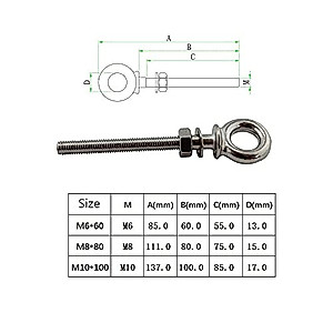 BINBAL Hardware Accessories 10pcs Marine Boat Stainless Steel Heavy Lifting Long Eye Bolt Marine HX Long Eye Bolts Ring Screw Loop Hole for Cable Rope M6