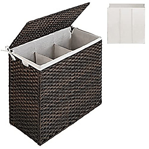 GOFLAME Laundry Hamper with Lid & Handles, 110L Divided Dirty Clothes Hamper with 3 Sections, Handwoven Rattan Laundry Basket with Removable & Machine Washable Liner Bag, Foldable & Easy Assembly