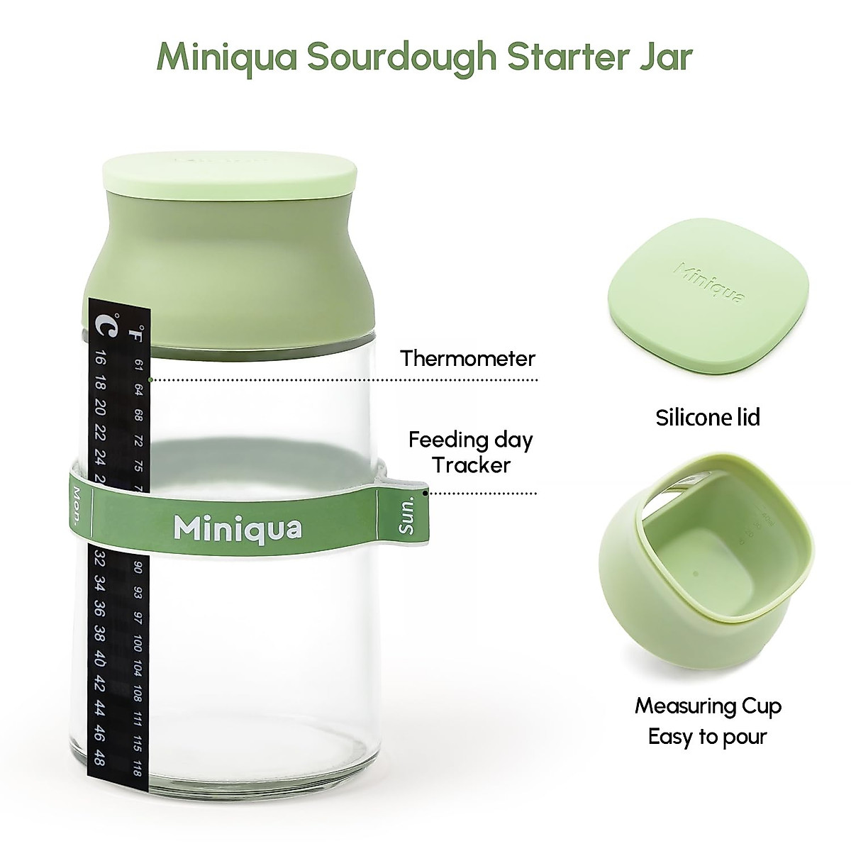 Miniqua Sourdough Starter Jar With Date Marked Feeding Band,Thermometer Strip,Silicone Fermentation Lids,Build-in Measuring Cup,Sourdough Starter Kit for Sourdough Bread Baking(20Oz/560ml)
