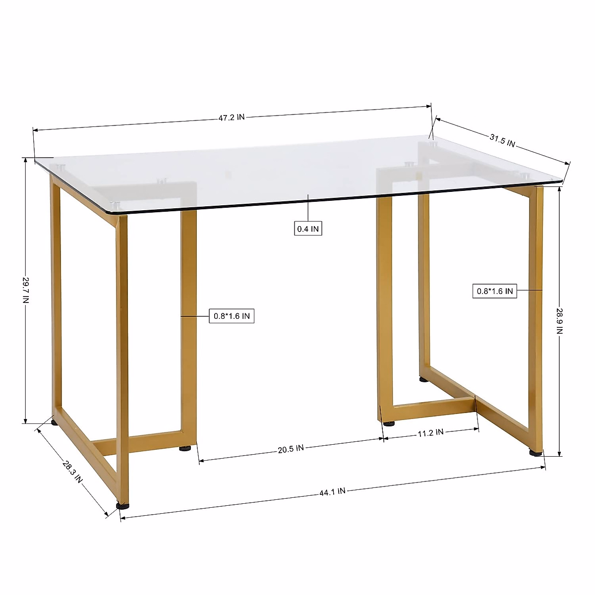 Glass Dining Table for 4 to 6 People, 47.2 Inches Modern Rectangular Dinner Table with Clear Tempered Glass Top & Golden Steel Legs for Home Office Kitchen Dining Room