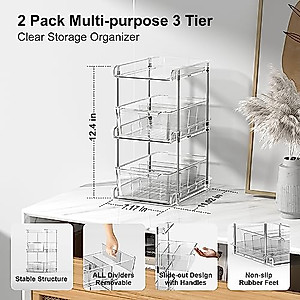 CNDREAM 3 Tier Clear Bathroom Organizer with Dividers 2 Pack, Multi-Purpose Slide-Out Storage Container,Bathroom Vanity Counter Organizing Tray,Under Sink Organizers and Storage