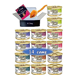 Fancy Feast Grilled Wet Canned Food Bundle, Variety Pack: 07 Flavors(02each) Pack of 14 cans.Plus Mouse Toy and Booklet