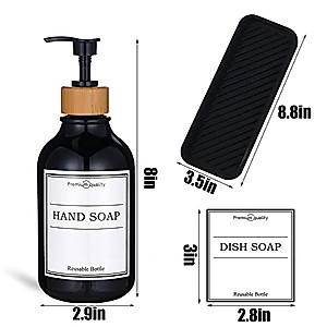 Set of 2, 16 Oz Dish Soap Dispenser for Kitchen Sink with Bamboo Pump, Black Plastic Kitchen Soap Dispenser Set with Black Silicone Tray