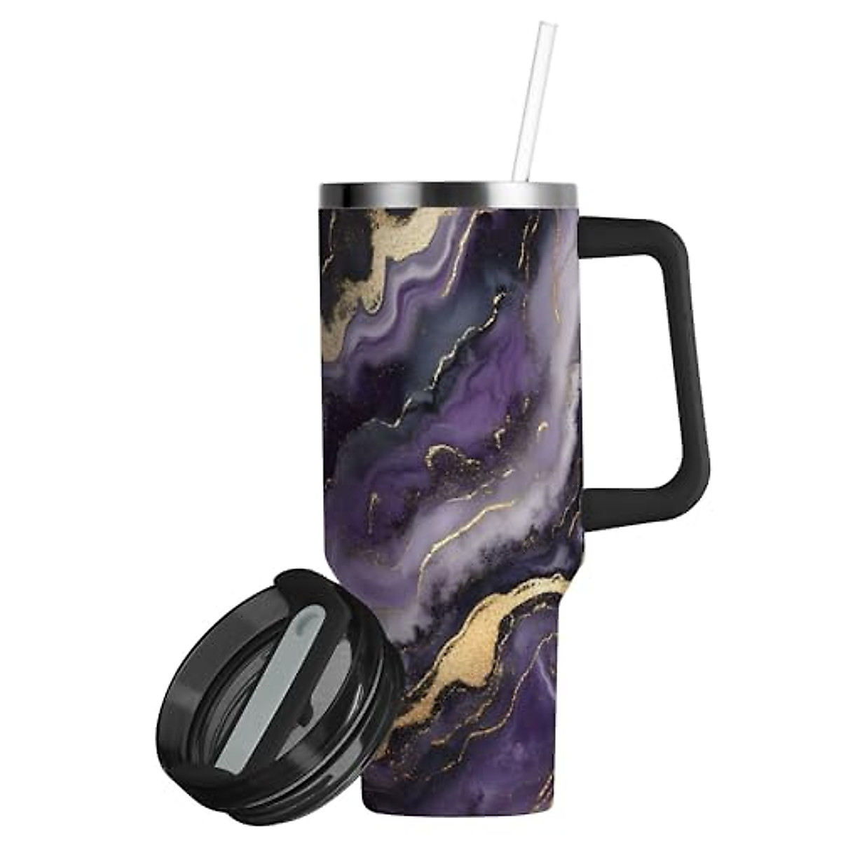 SEHANY Purple Marble 40 Oz Tumbler with Lid and Straw, Double Vacuum Stainless Steel Insulated Sports Water Bottle Cup Holder Friendly Leak-Proof Travel Coffee Cup for Iced Drink
